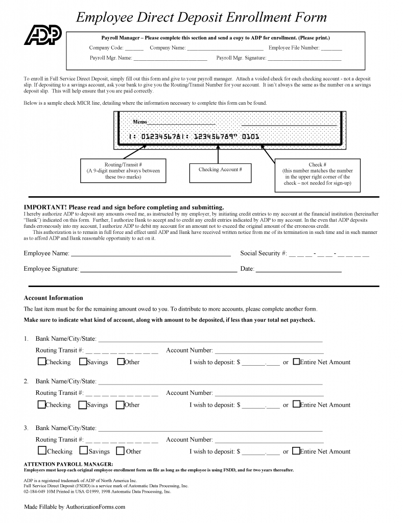 Free ADP Direct Deposit Authorization Form - PDF
