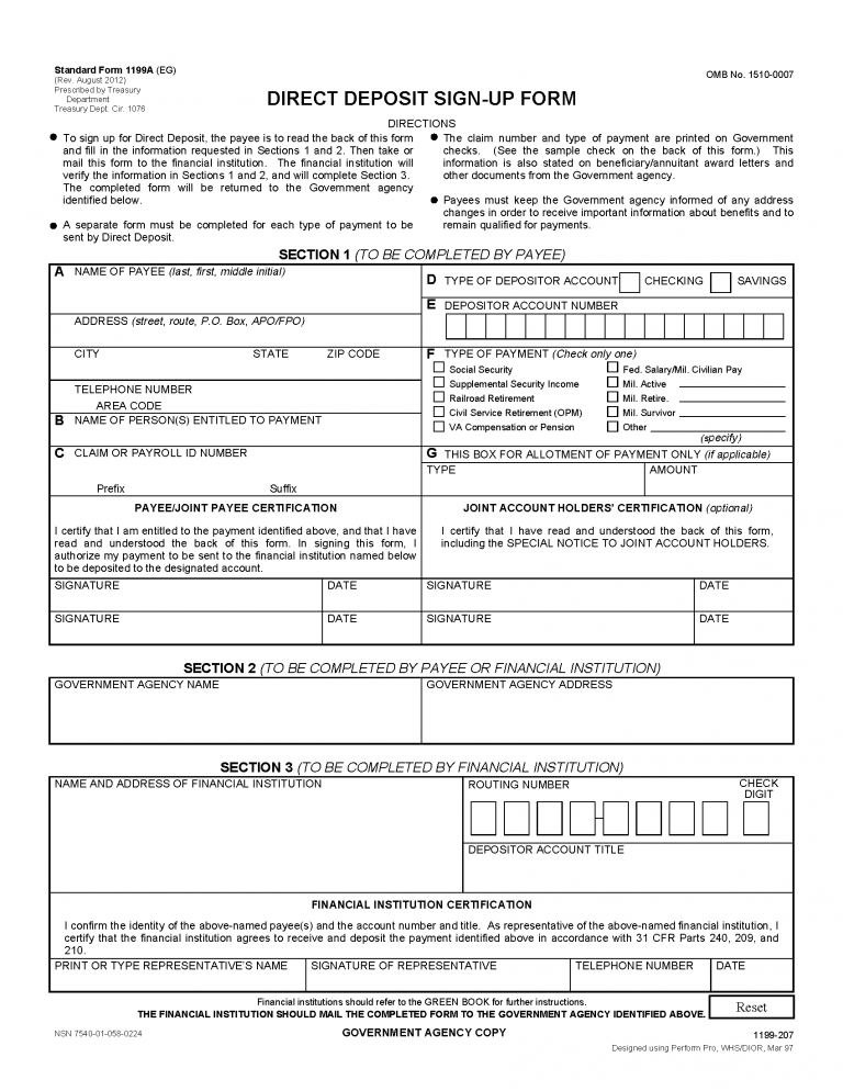 Free U.S. Army Direct Deposit Authorization Form (Form SF1199A) - PDF