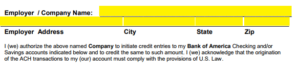 Free Bank of America Direct Deposit Authorization Form - PDF