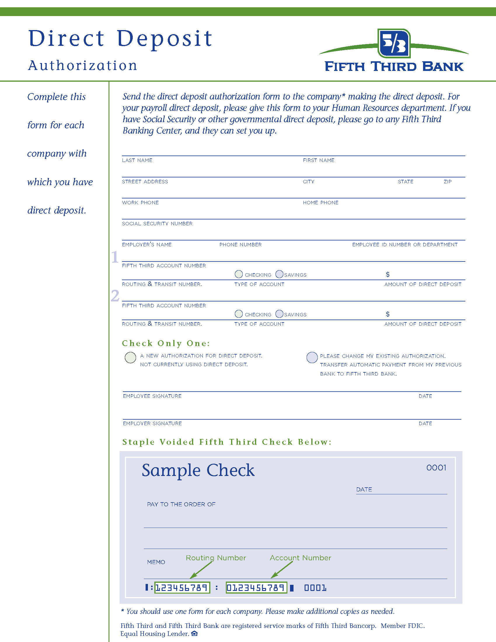 Free Fifth Third (5/3) Bank Direct Deposit Authorization Form - PDF