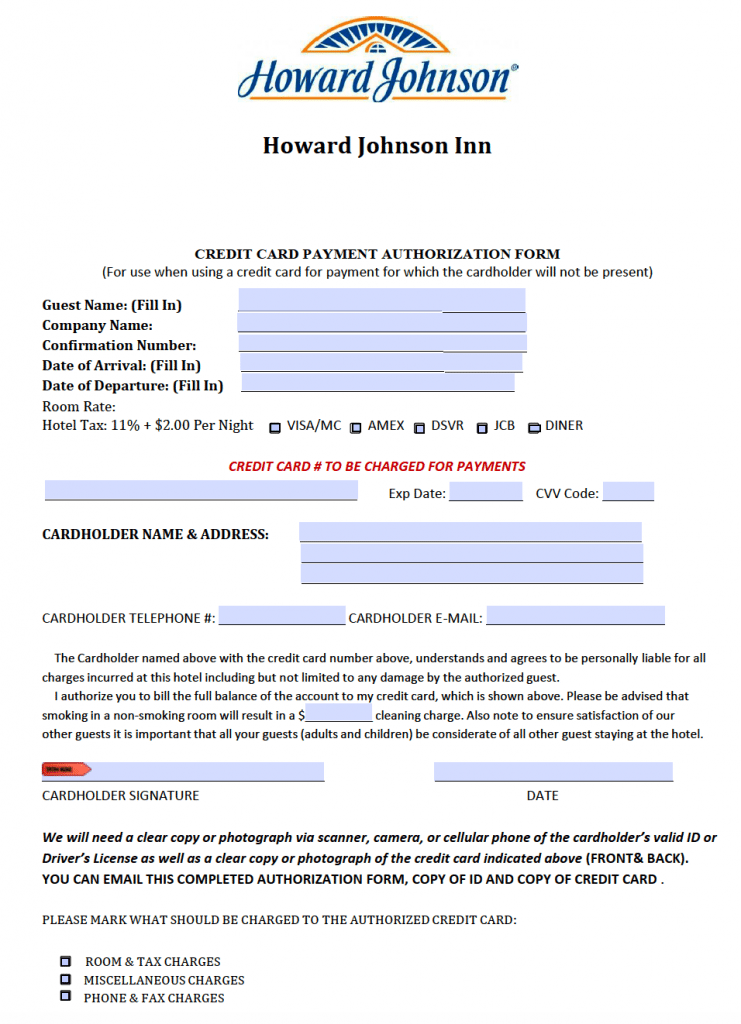 Free Howard Johnson Hotel Credit Card Authorization Form - PDF