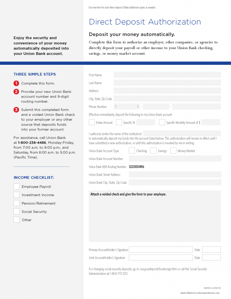 Free Mufg Union Bank Direct Deposit Authorization Form Pdf - Form ...