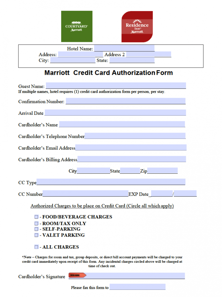 Free Marriott Credit Card Authorization Form - PDF