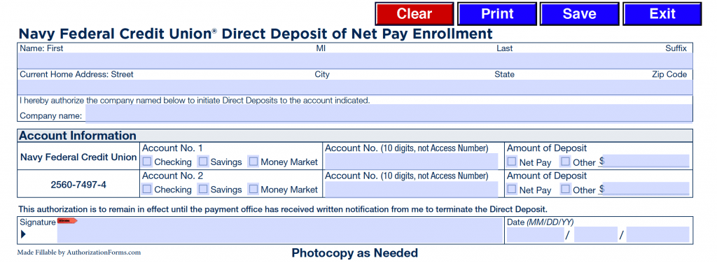 Free Navy Federal Credit Union Direct Deposit Authorization Form PDF