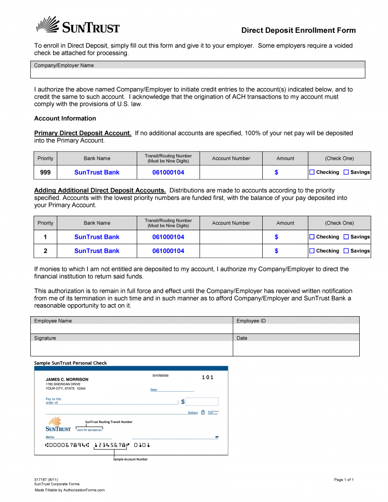 Free SunTrust Bank Direct Deposit Authorization Form - PDF