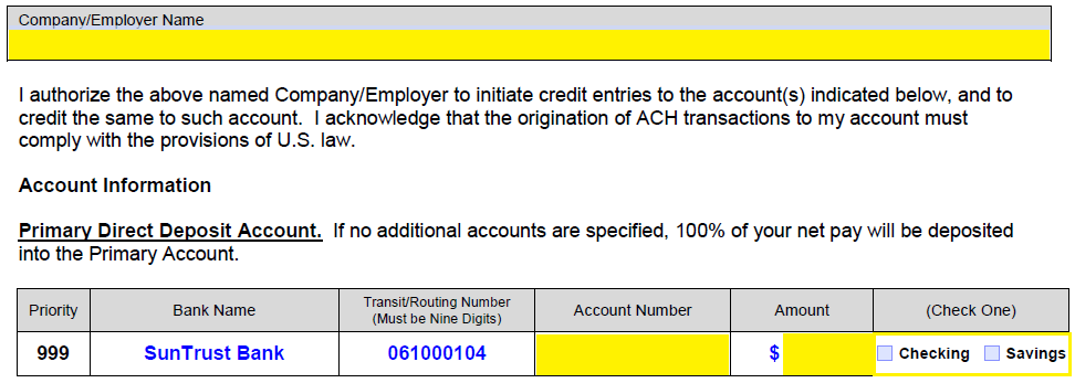 Free SunTrust Bank Direct Deposit Authorization Form - PDF