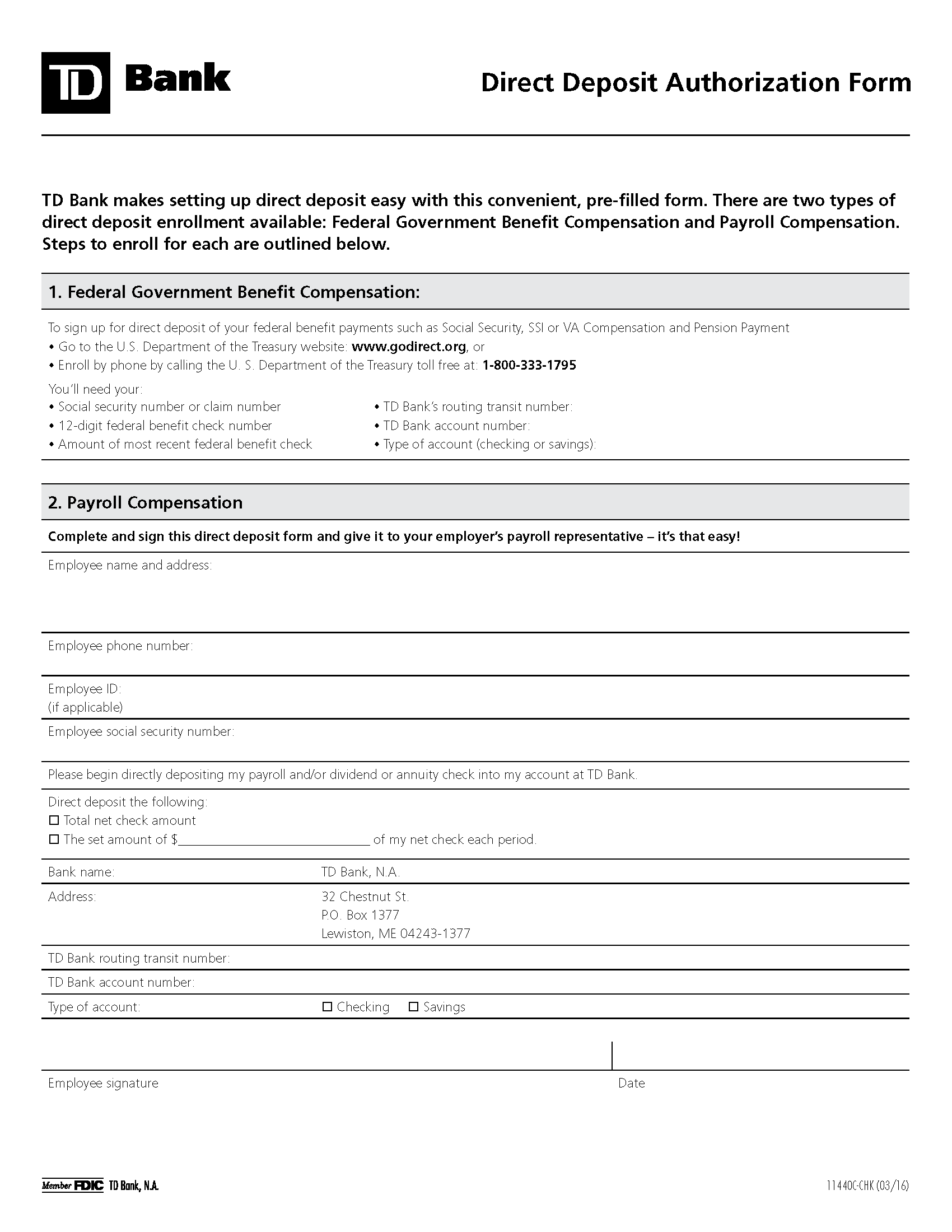 Free TD Bank Direct Deposit Authorization Form - PDF