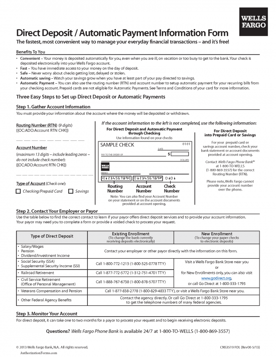 Free Wells Fargo Direct Deposit Authorization Form PDF