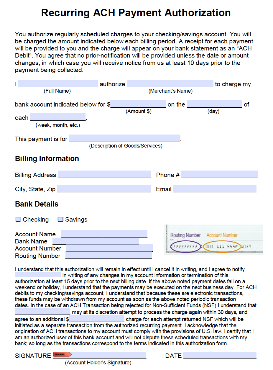 Free Recurring ACH Payment Authorization Form - PDF - Word