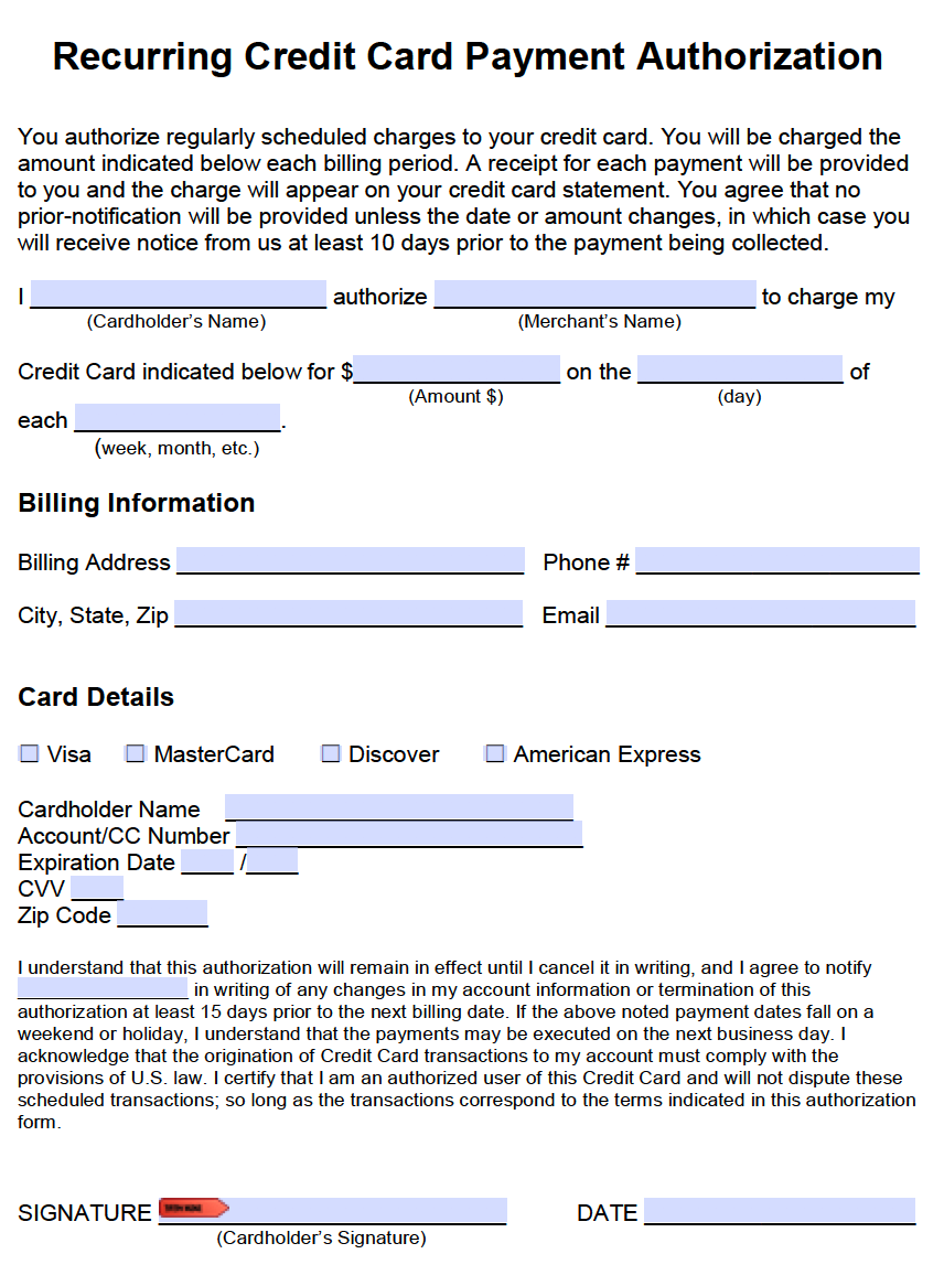 Free Recurring Credit Card Payment Authorization Form - PDF - Word